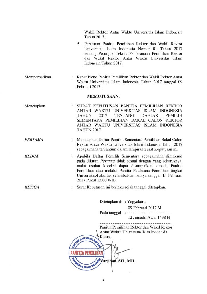 Surat Keputusan Rektor Panitia Pemilihan Rektor Antar Waktu UII ...